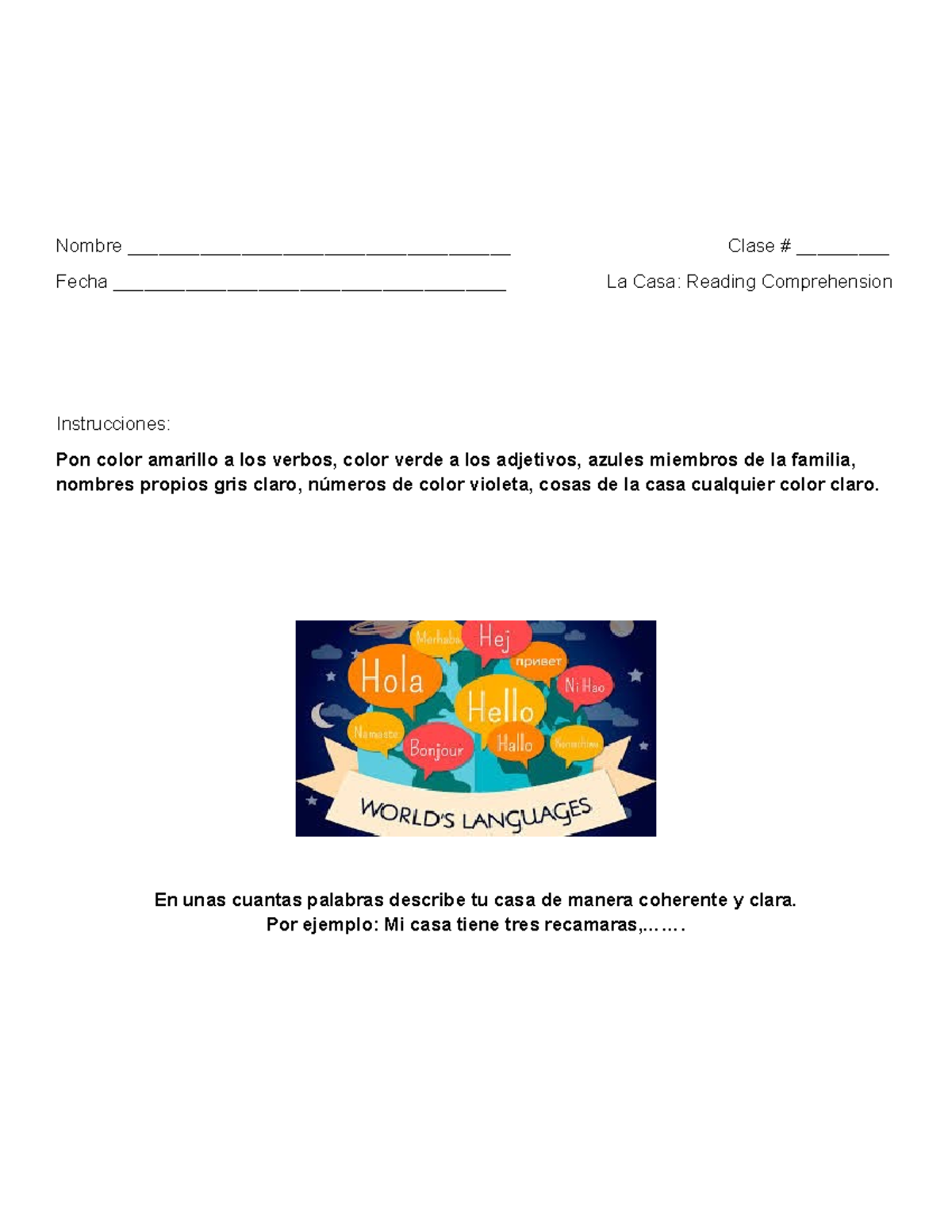 Spanish 1 La Casa: Reading Comprehension Worksheet 1 - Studocu