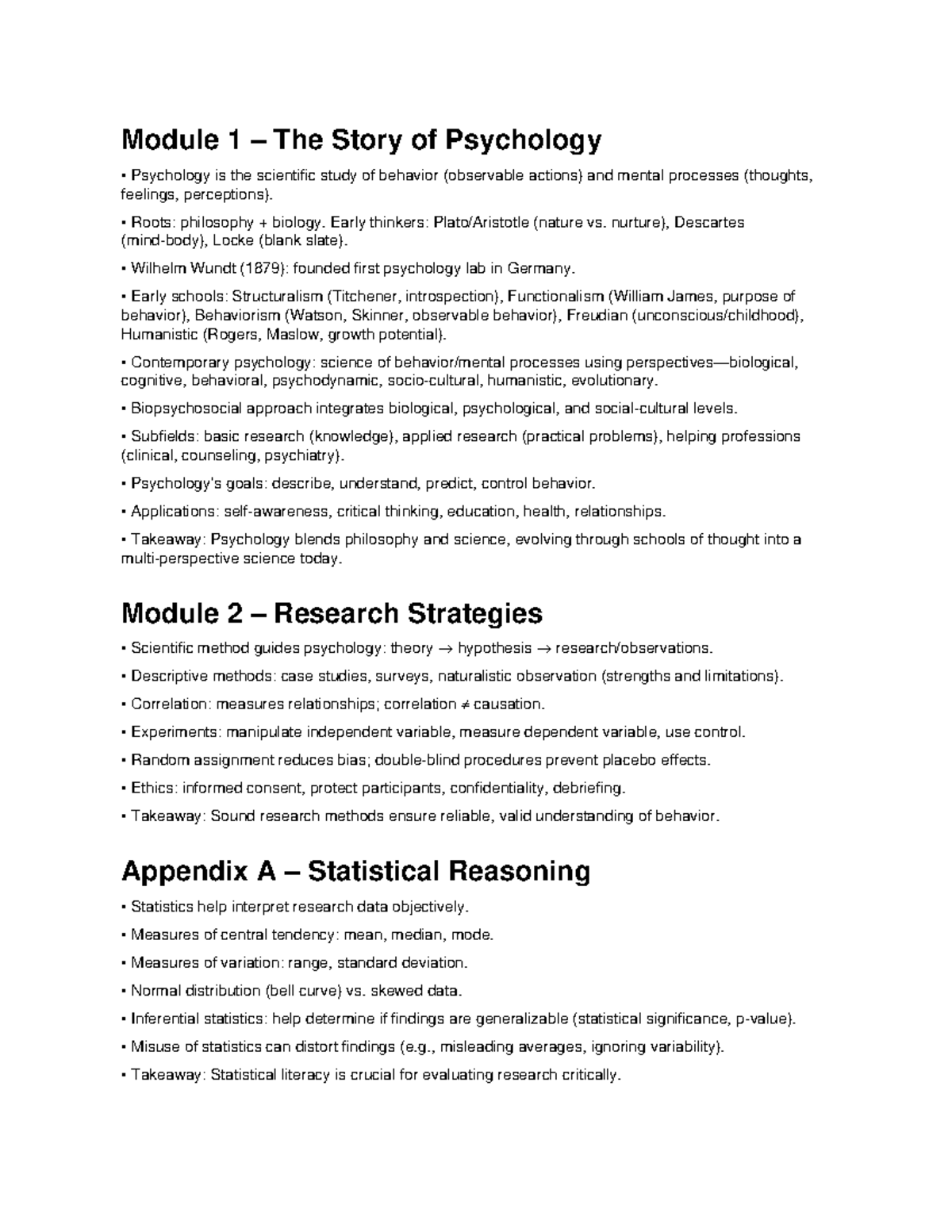 Psychology Notes: Module 1 & 2 Overview and Key Concepts - Studocu