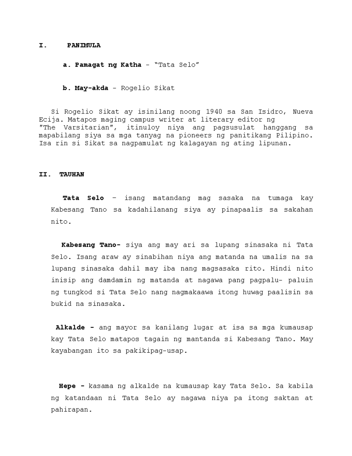 Tata Selo - Review - I. PANIMULA a. Pamagat ng Katha - “Tata Selo” b ...