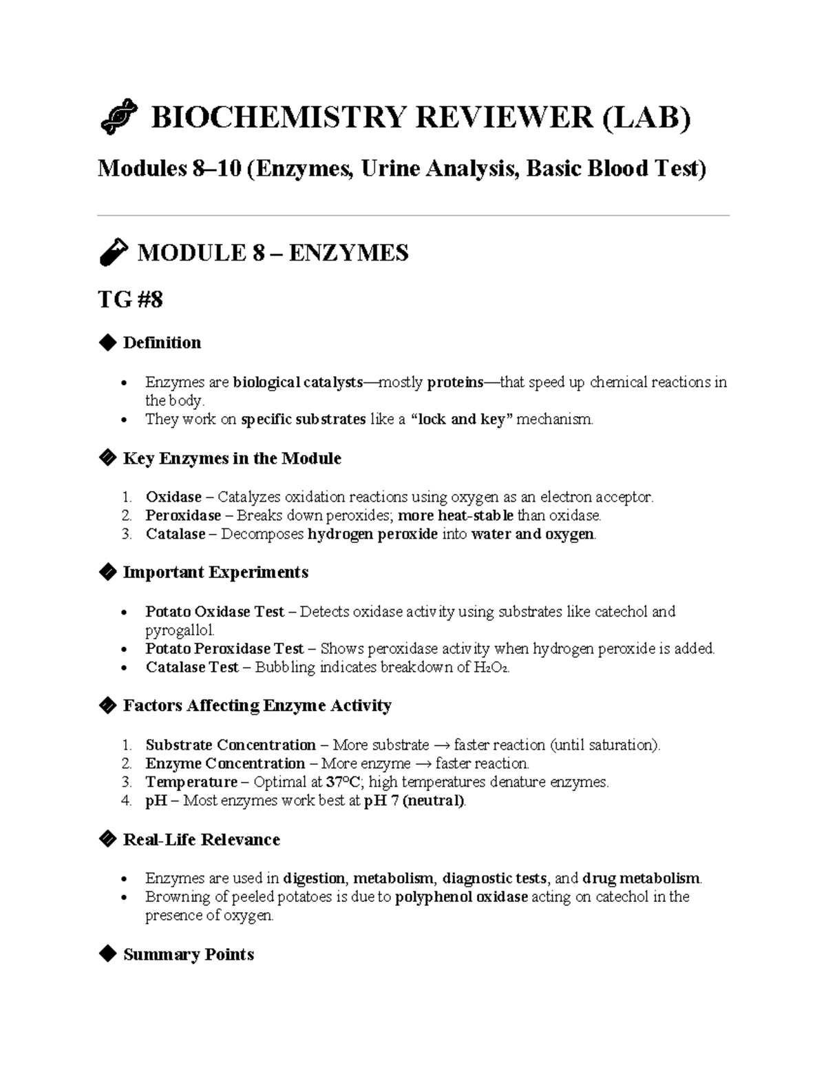 Biochemistry LAB Reviewer: Enzymes & Urine Analysis Insights - Studocu