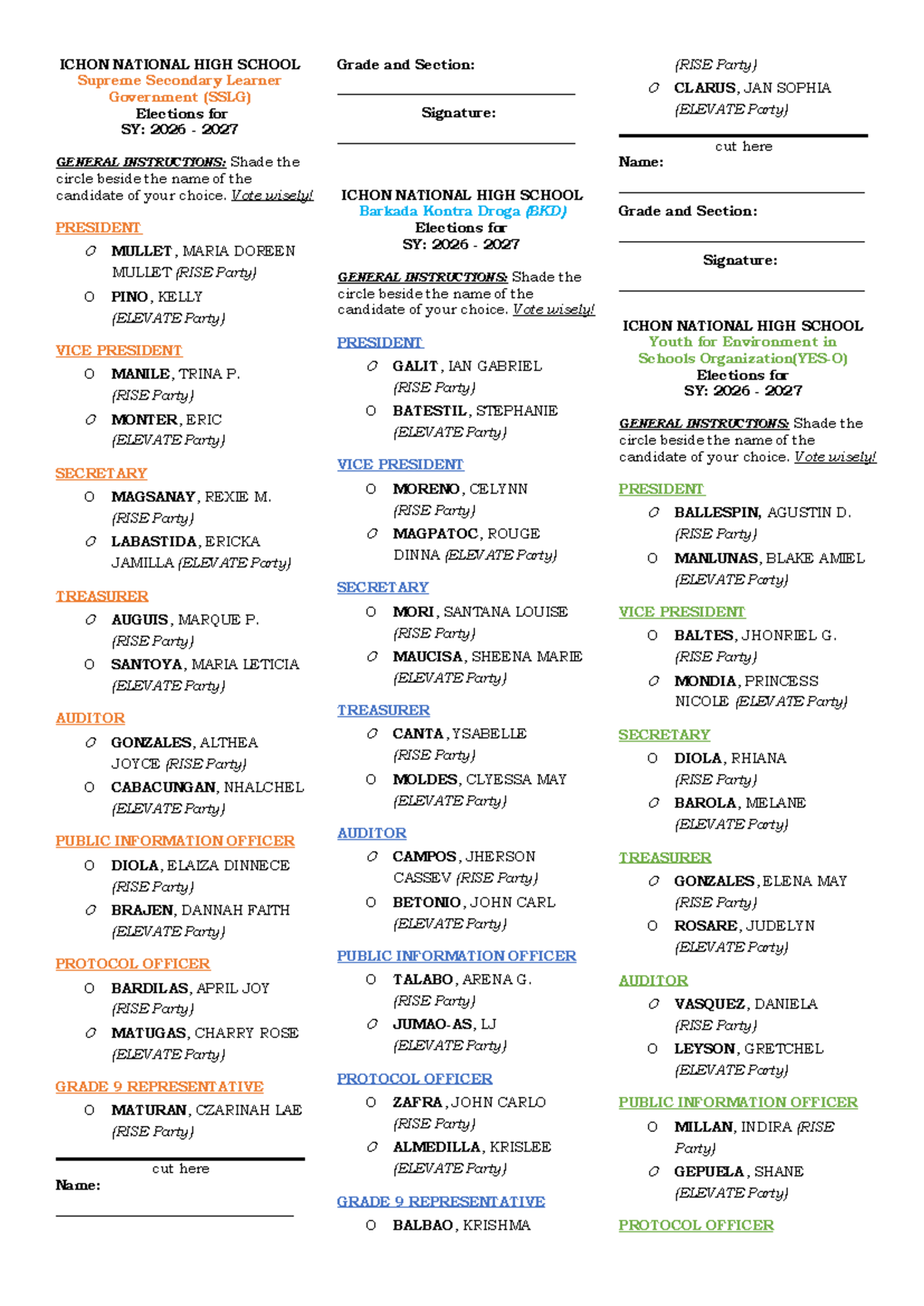 Ballot for Incoming Grade 9 Elections SY 2026-2027 - Studocu