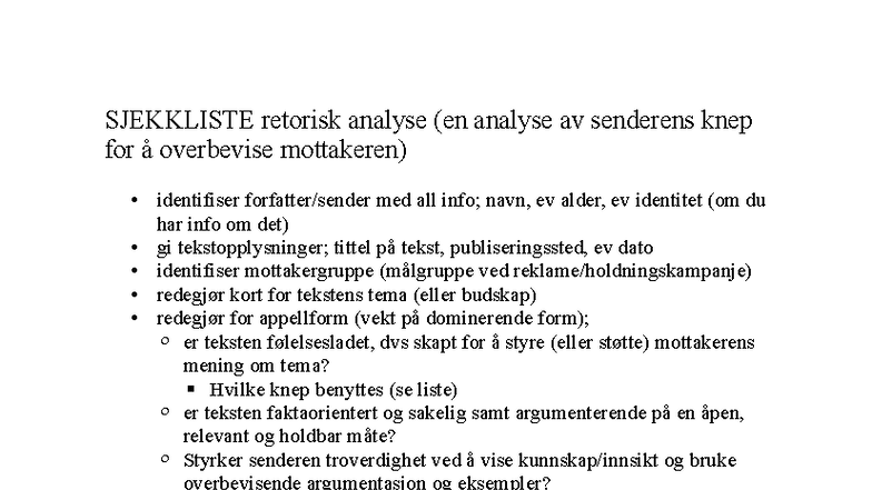 SJEKKLISTE for Retorisk Analyse av Politisk Kommentar - Studocu