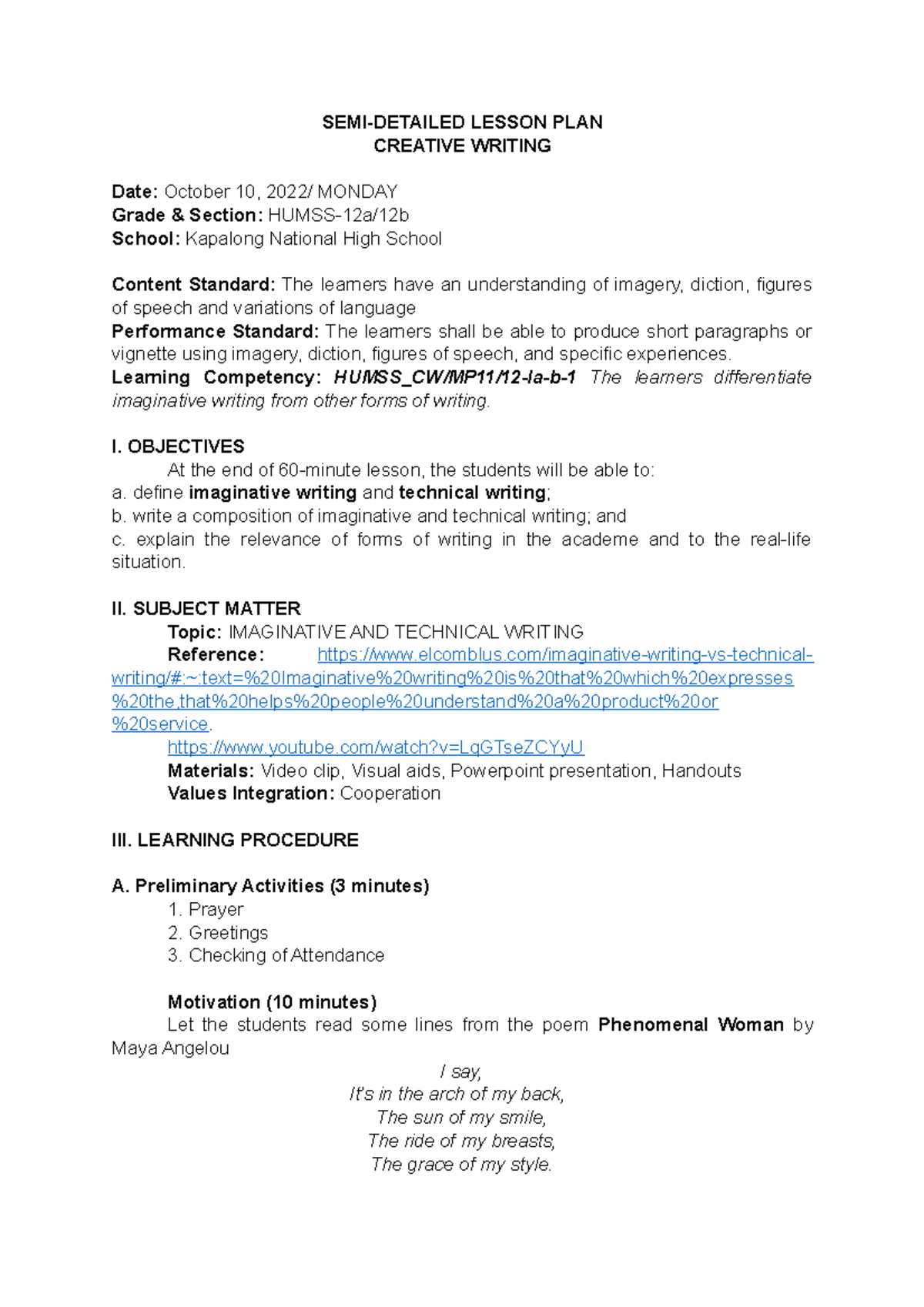 L1 Creative Writing - SEMI-DETAILED LESSON PLAN CREATIVE WRITING Date ...