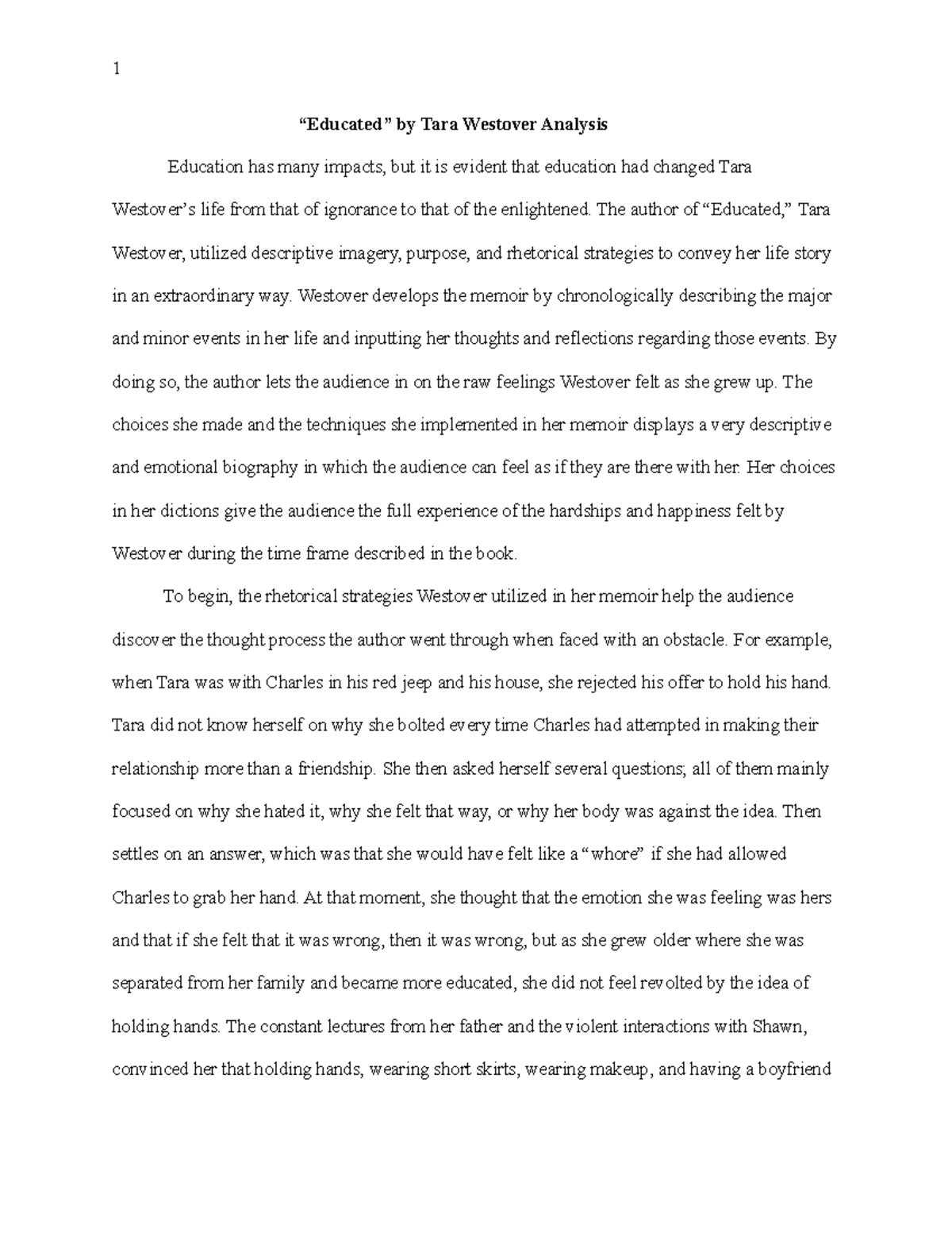 Analysis of "Educated" by Tara Westover - Summer Assignment - Studocu