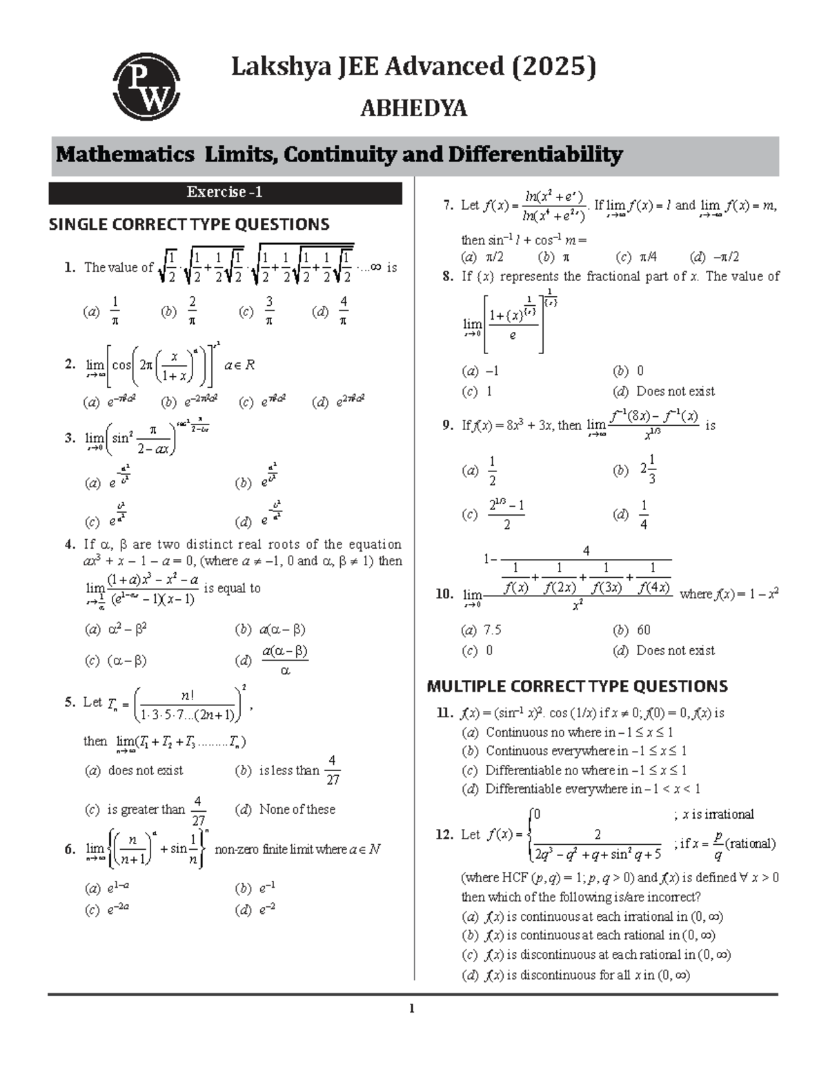 Limit, Continuity & Differentiability Practice Sheet for JEE Adv. 2025 - Studocu