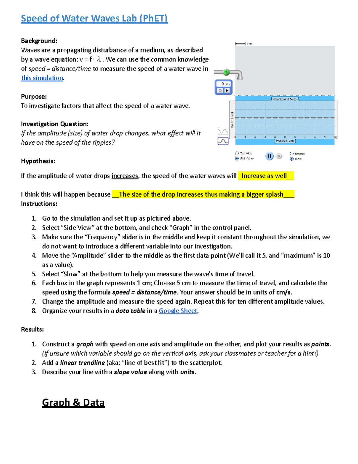 Speed of Water Waves Lab (PhET) - Investigation of Amplitude Effects ...