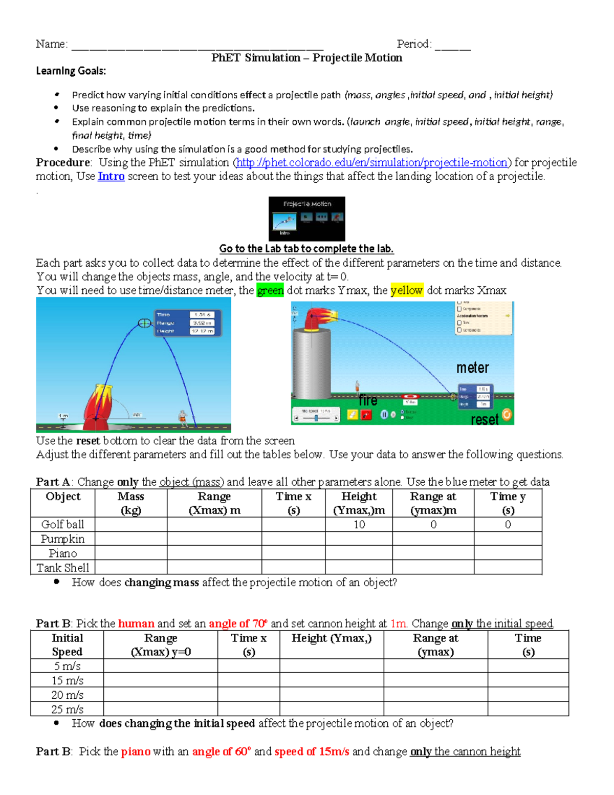 Projectile Motion PhET Lab 21-22: Exploring Initial Conditions Effects ...
