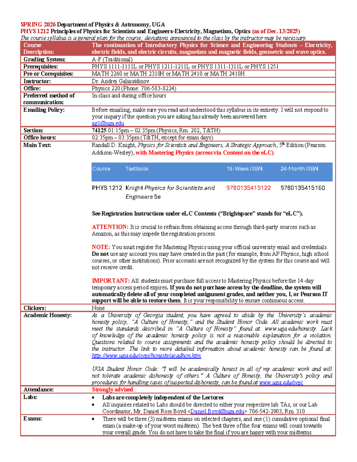 2026 Spring PHYS 1212 - Principles of Physics Syllabus - Studocu