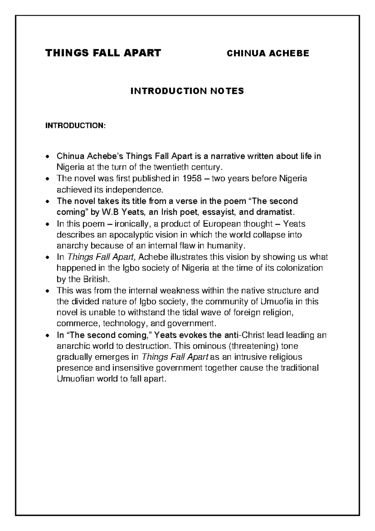 THINGS FALL APART (ENG 101) CHINUA ACHEBE INTRODUCTION NOTES - Studocu