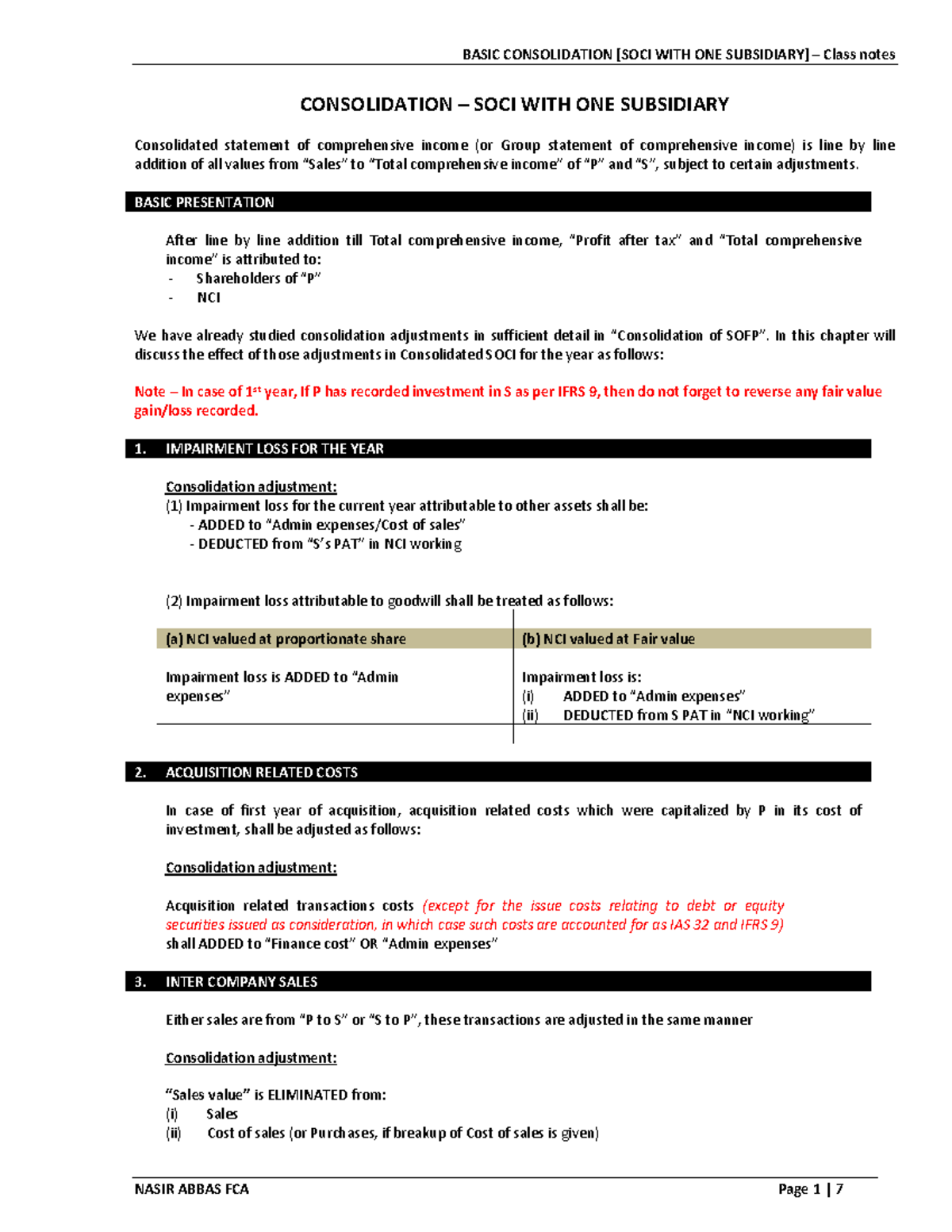 Basic Consolidation SOCI with One Subsidiary - Class Notes - Studocu