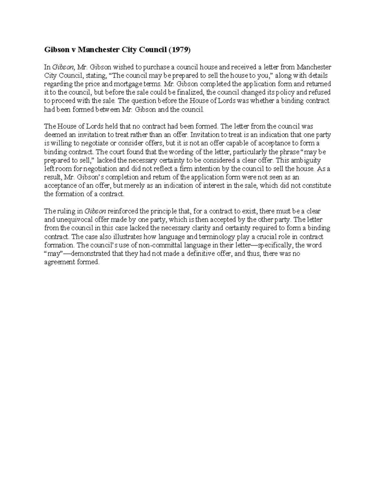 Gibson v Manchester City Council (1979) Case Summary Analysis - Studocu