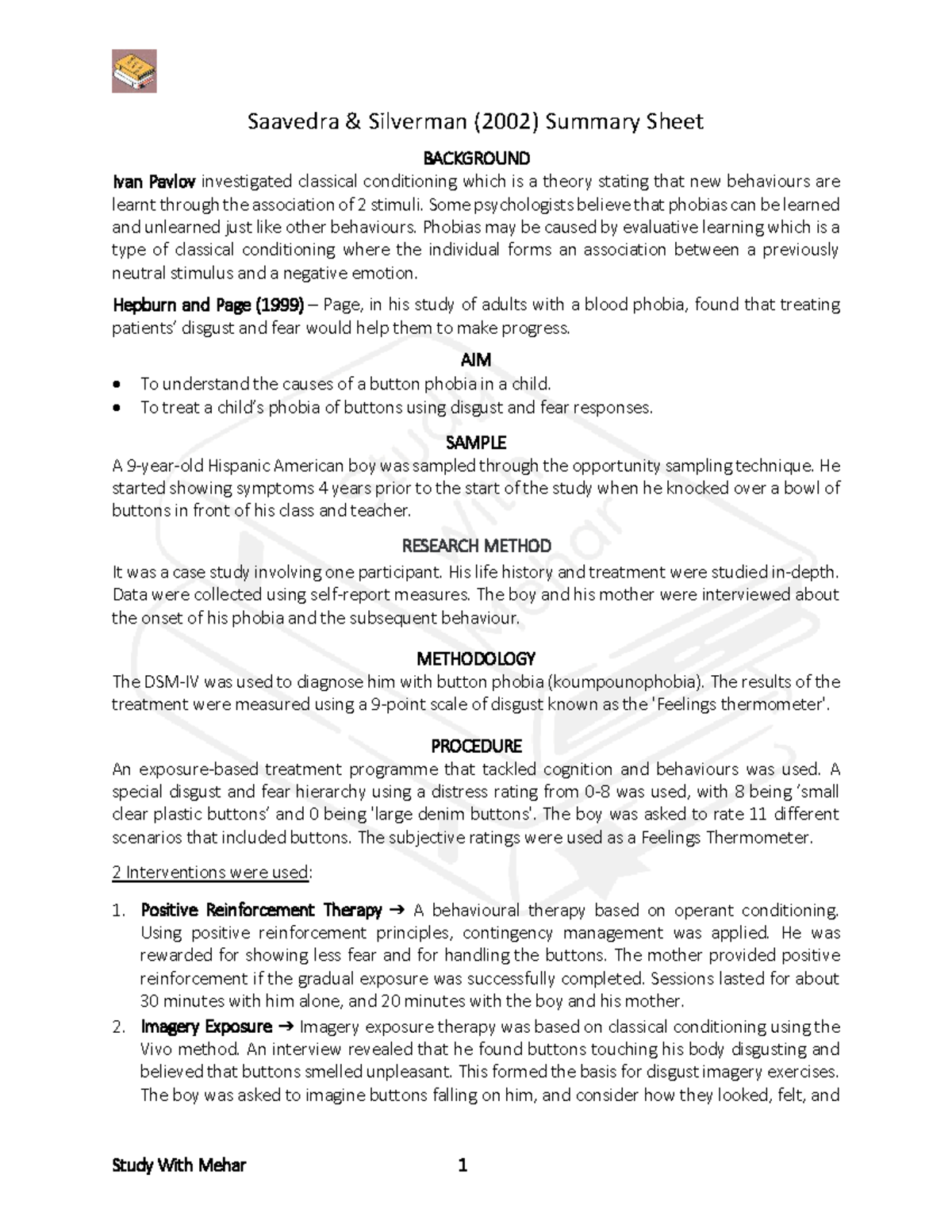 Saavedra & Silverman (2002): Koumpounophobia Treatment Summary - Studocu