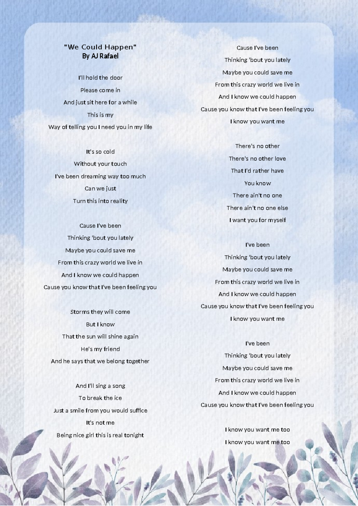 We Could Happen Lyrics - "We Could Happen" By AJ Rafael I'll hold the ...