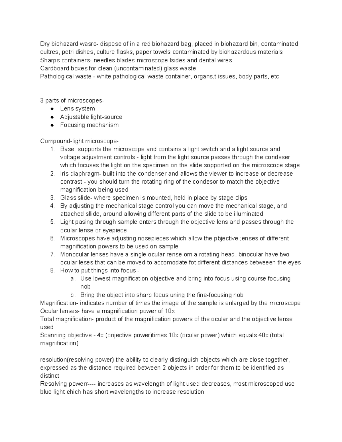 Bio lab exam guide - bio exam notes - Dry biohazard wasre- dispose of ...