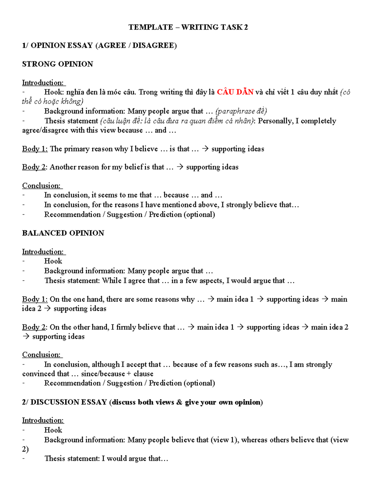 TEMPLATE FOR WRITING TASK 2 OPINION ESSAY (AGREE/DISAGREE) - Studocu