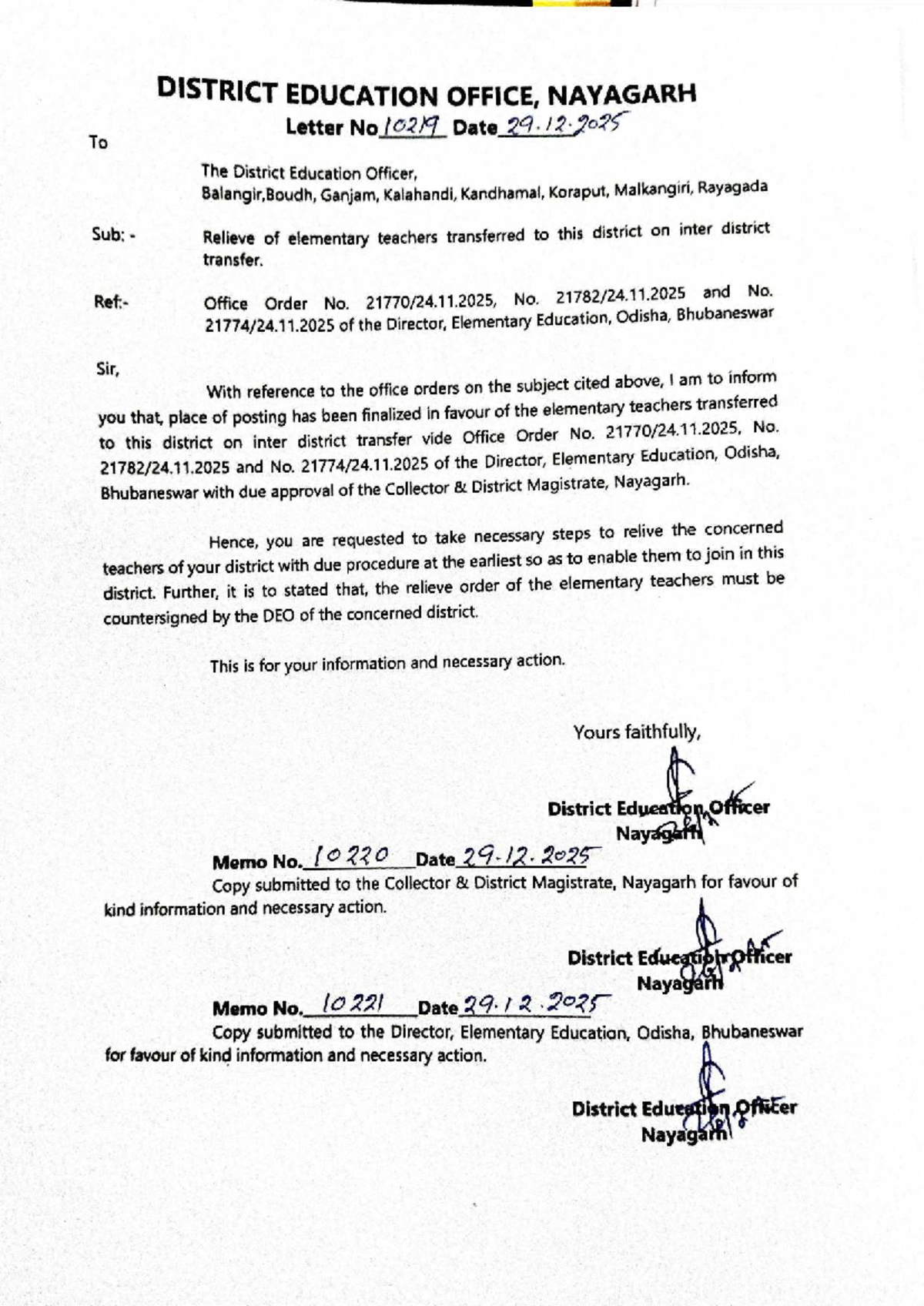 Inter District Teacher Transfer Order - DEO Nayagarh Memo 10219 - Studocu