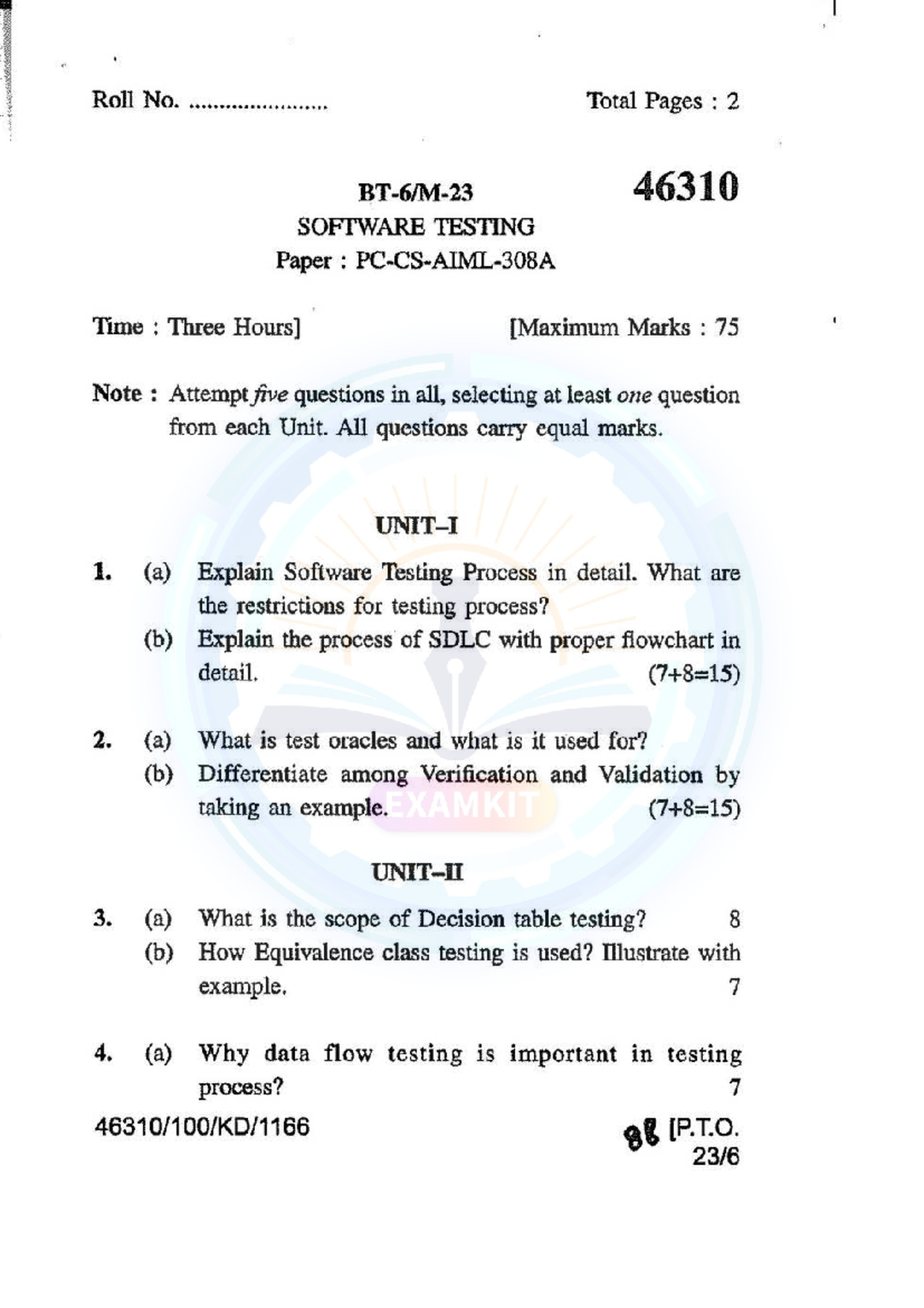 AIML-ST-23 - Software Testing Exam Paper: Past Year Questions - Studocu