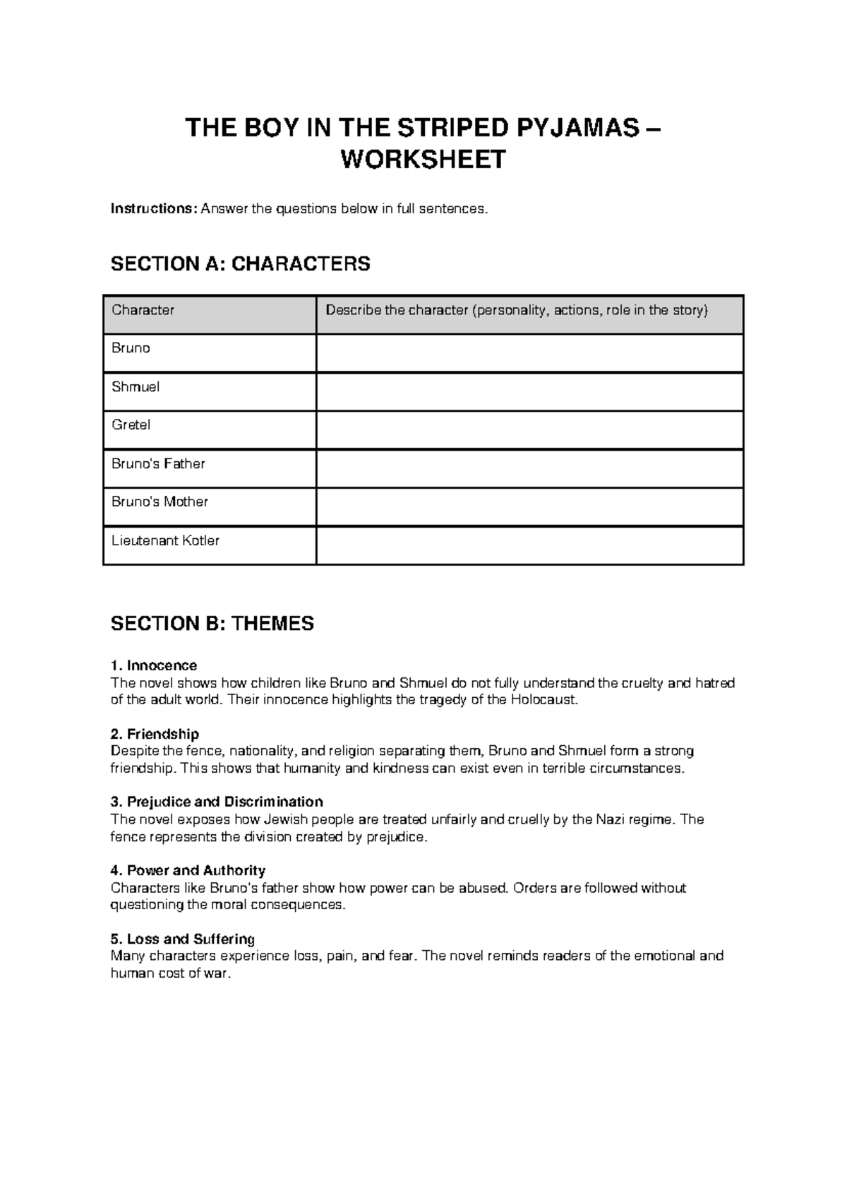 The Boy in the Striped Pyjamas Worksheet: Character & Theme Analysis ...
