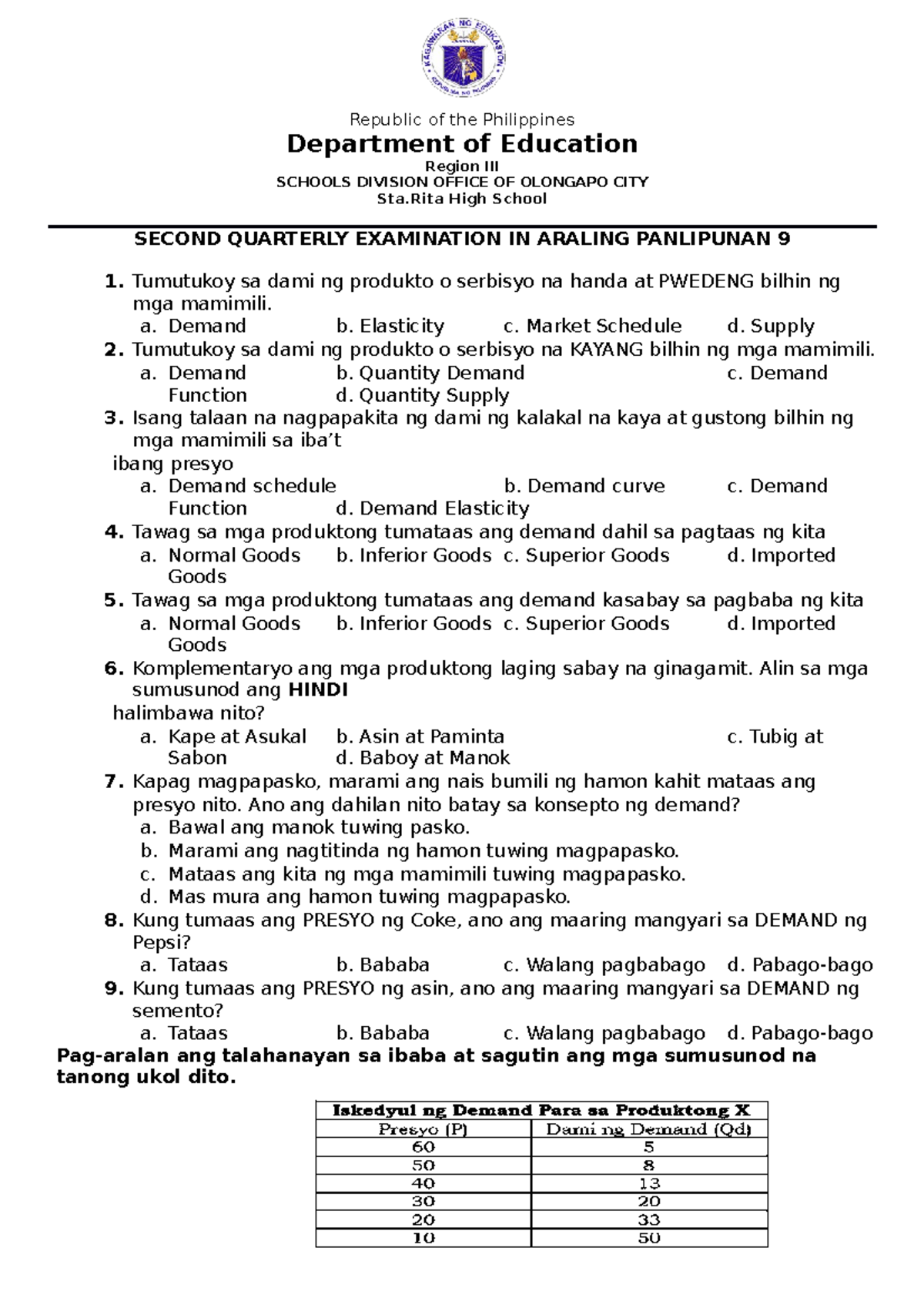 Grade 9 AP: 2nd Grading Exam in Araling Panlipunan with TOS - Studocu