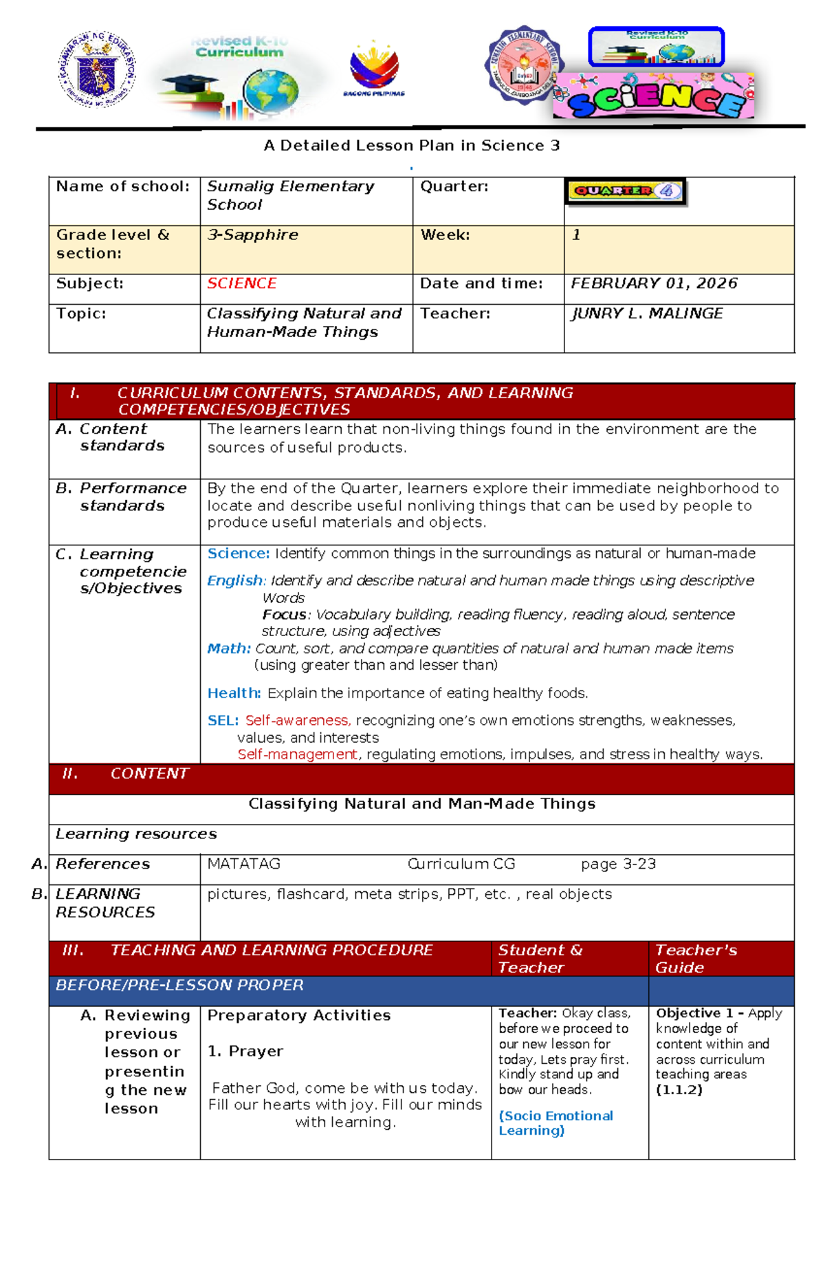 Science 3 - Detailed Lesson Plan: Classifying Natural and Human-Made ...