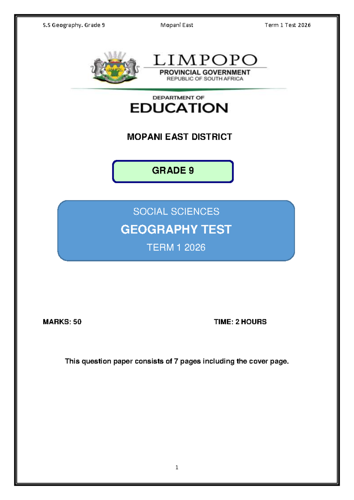 Grade 9 Social Sciences Geography Term 1 Test 2026 - Studocu