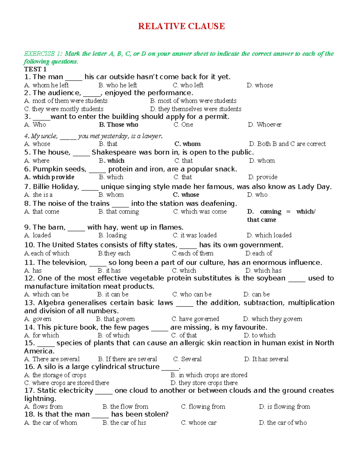 Relative Clause Exercise: Test 1 to Test 6 Answers - Studocu