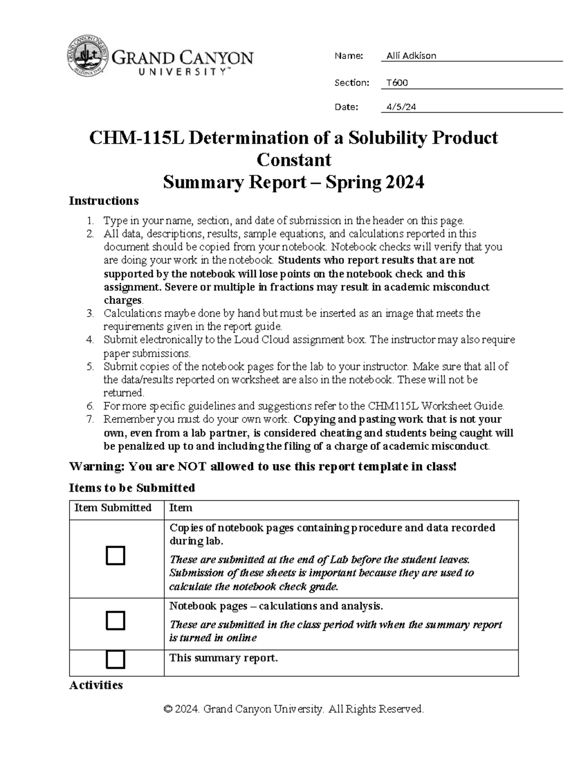 CHM-115L Solubility Product Determination Lab Report – Spring 2024 ...