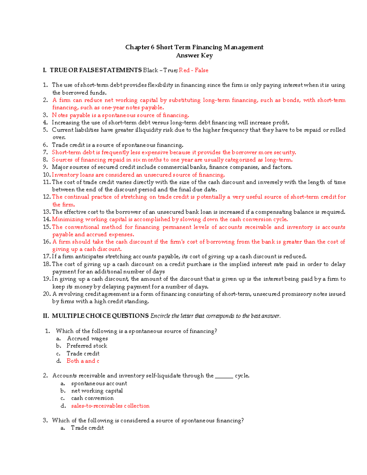 Short-Term Financing Management Insights for ABM 002: Chapter 6 Answer ...