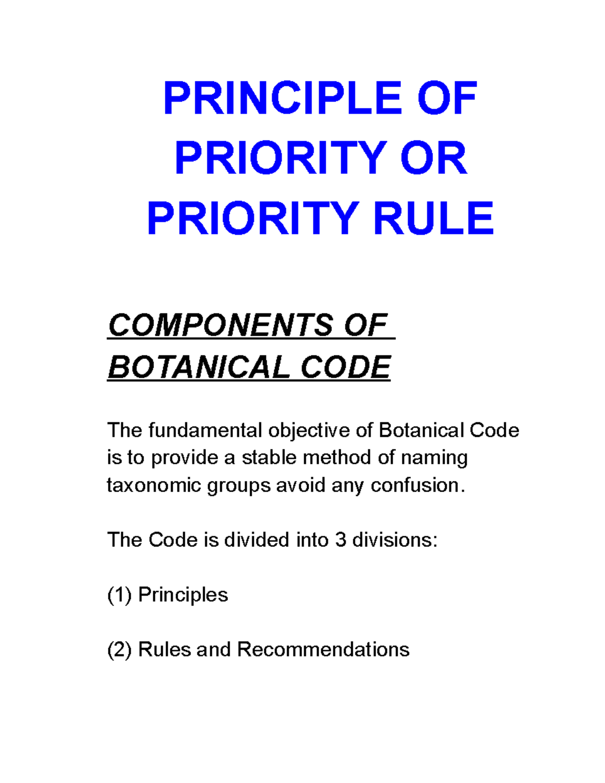 Principle of Priority in Botanical Code: Rules and Limitations - Studocu
