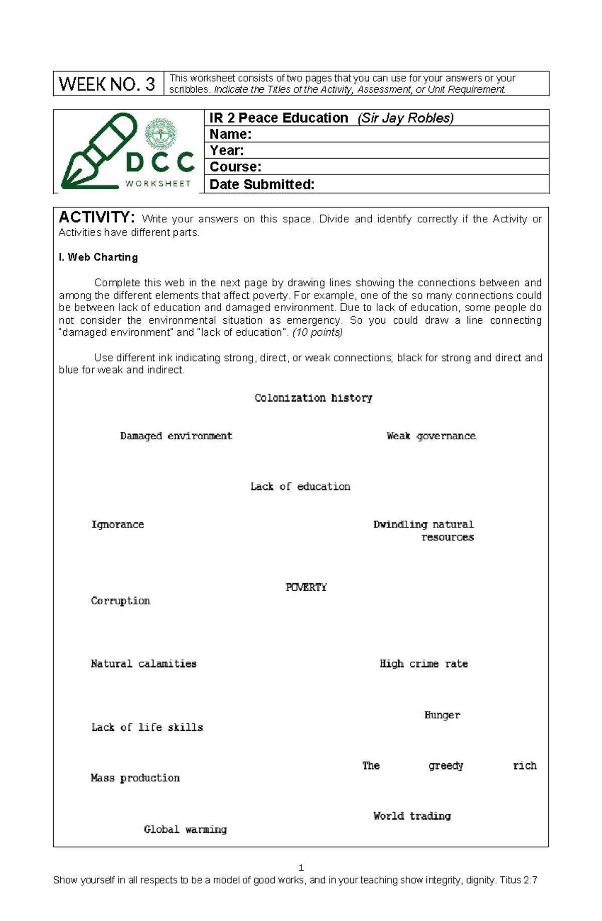 IR 2 Peace Education Worksheet 3: Activities & Reflection Tasks - Studocu