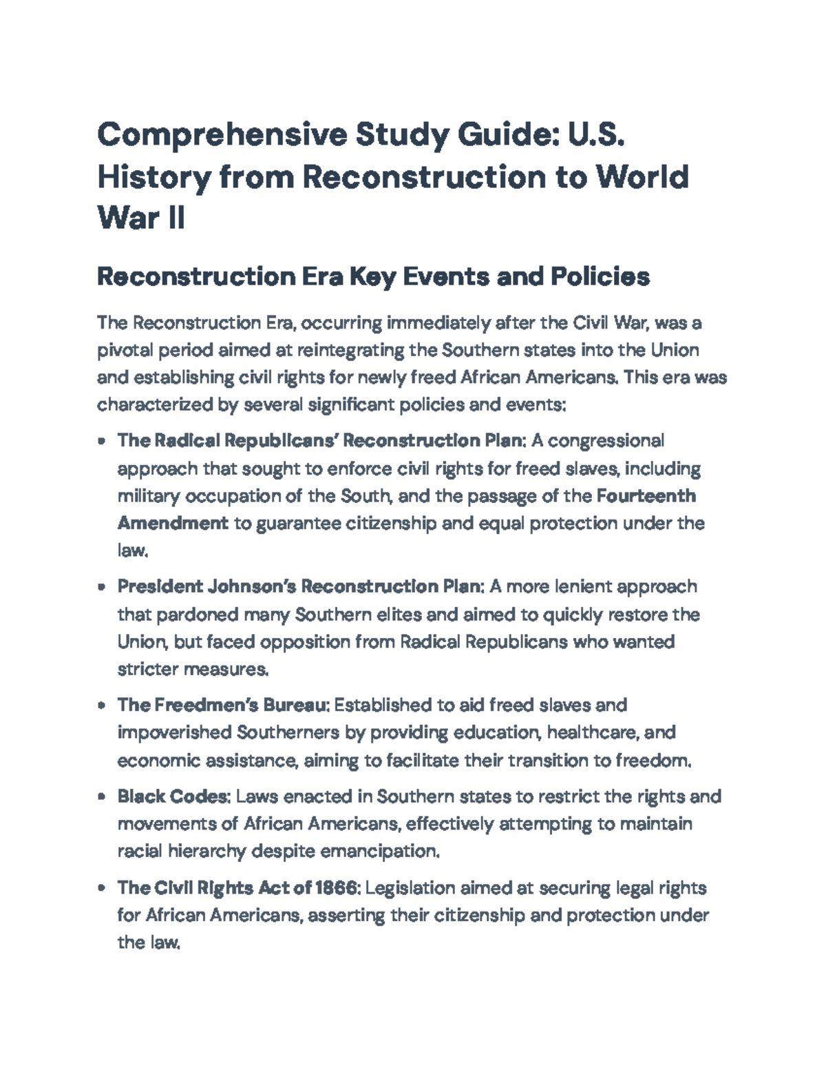 Comprehensive Study Guide: U.S. History (Reconstruction to WWII) - Studocu