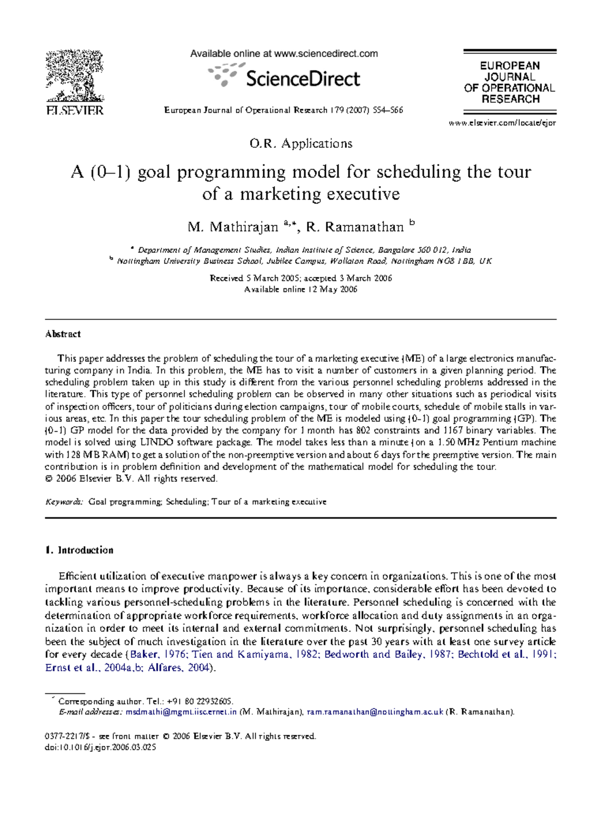 Goal Programming Model for Marketing Executive Tour Scheduling (OR 179 ...