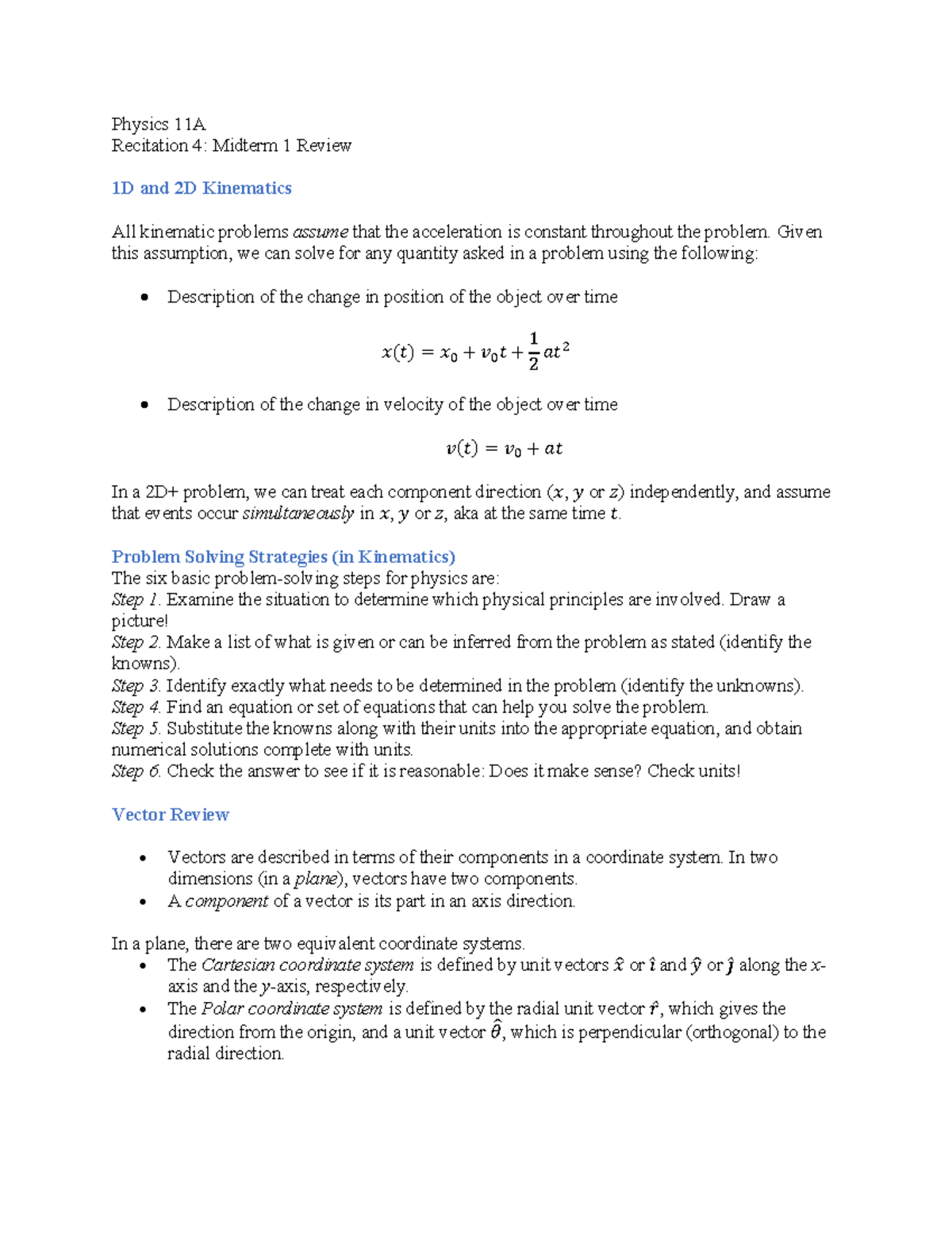 PHYS11A Recitation 4: Midterm 1 Kinematics Review and Problem Solving - Studocu