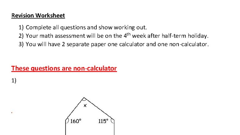 Year 8 Non-Calculator Math Revision Worksheet - Studocu