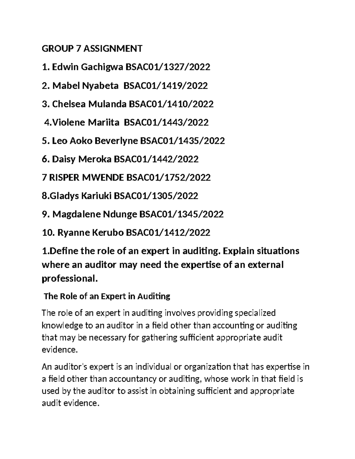 Group 7 Assignment 1: The Role of Experts in Auditing - Studocu