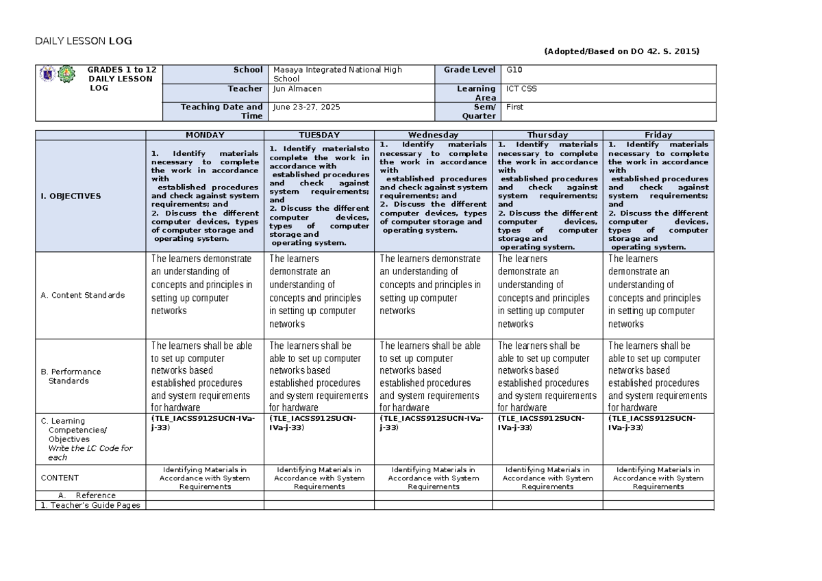 DAILY LESSON LOG (DLL) for G10 ICT CSS - Week 1 - Studocu