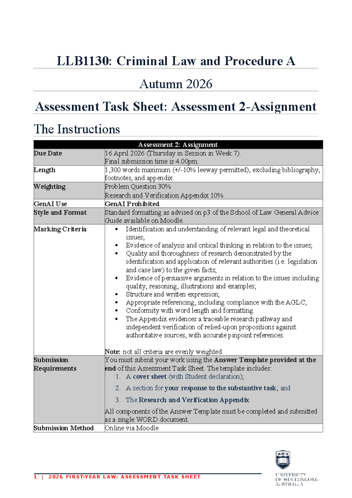 LLB1130: Criminal Law & Procedure A - Autumn 2026 Assessment Task Guide ...