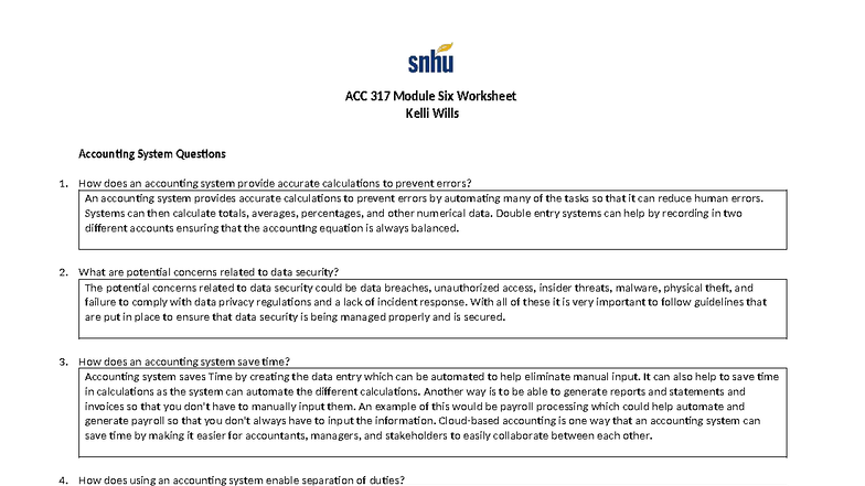 ACC 317 Mod 6 - Worksheet on Accounting Systems & ERP Benefits - Studocu