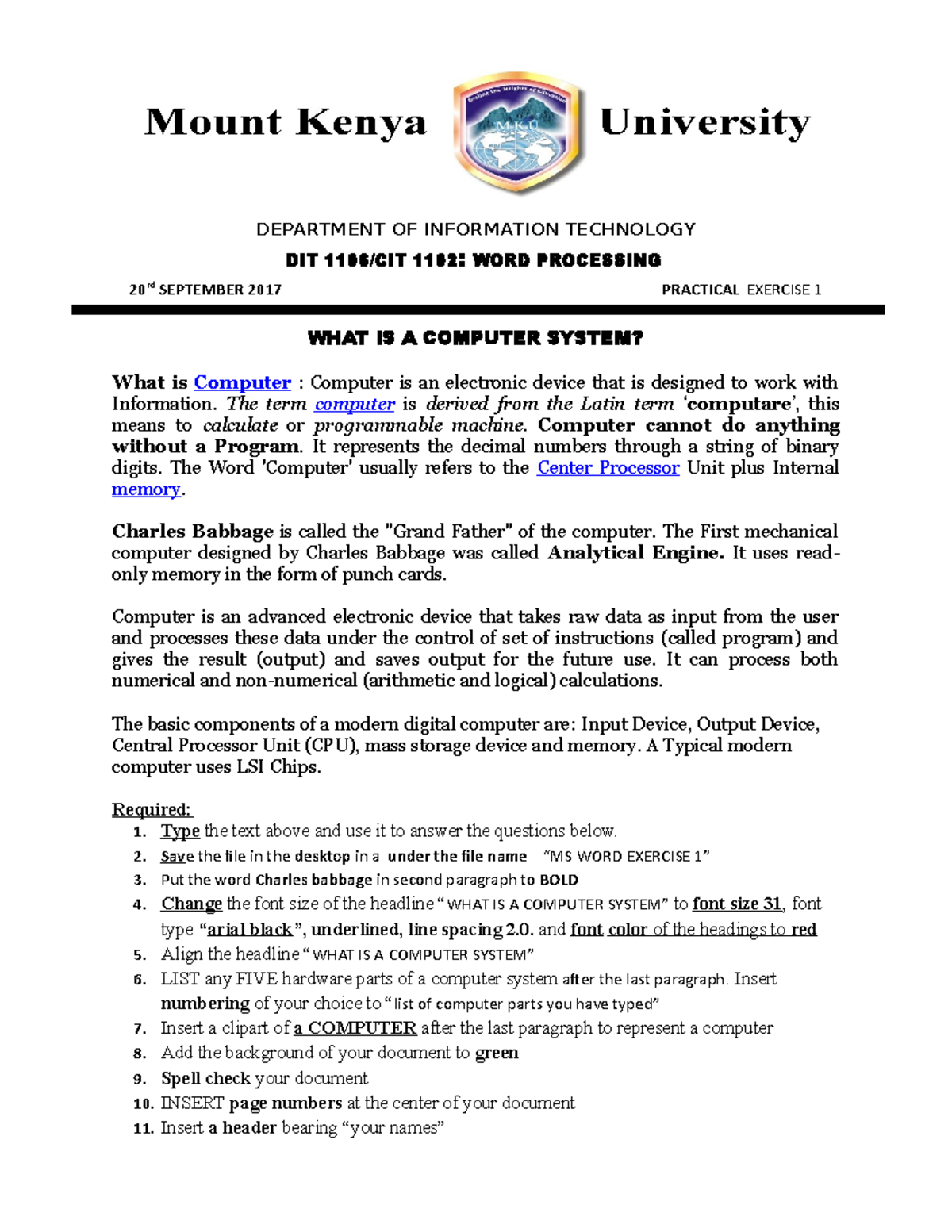 WORD Processing Exercise 1 practical exercises - DEPARTMENT OF INFORMATION TECHNOLOGY DIT 1106 ...