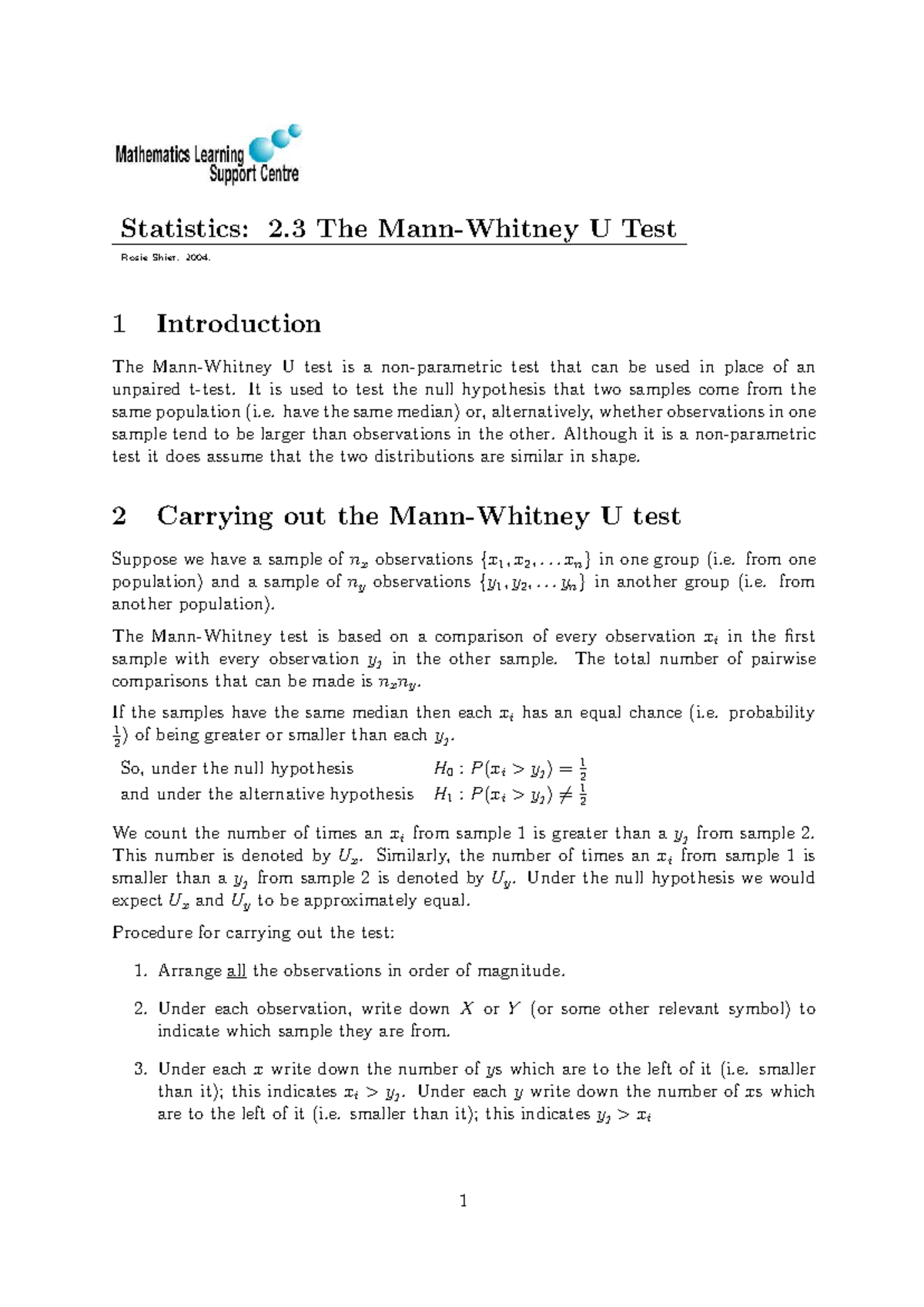 Statistics: Mann-Whitney U Test Notes & Tables (2004) - Studocu