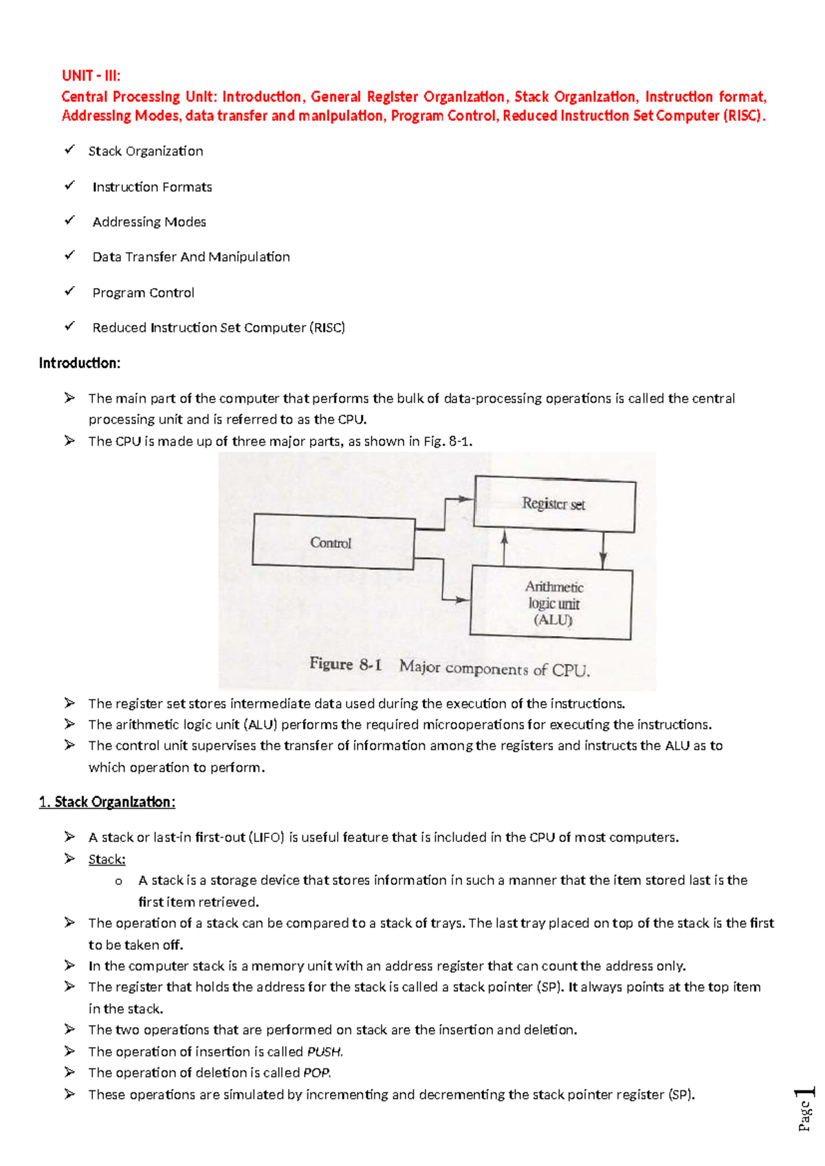 COA-Unit-III: CPU Overview, Stack Organization, and Instruction Formats - Studocu
