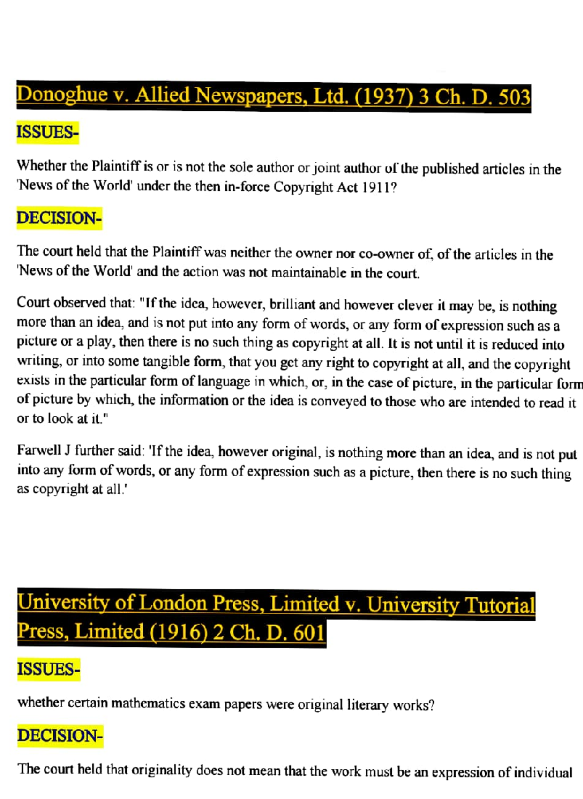 IPR 2 Case Summaries: Key Legal Decisions in Copyright Law - Studocu