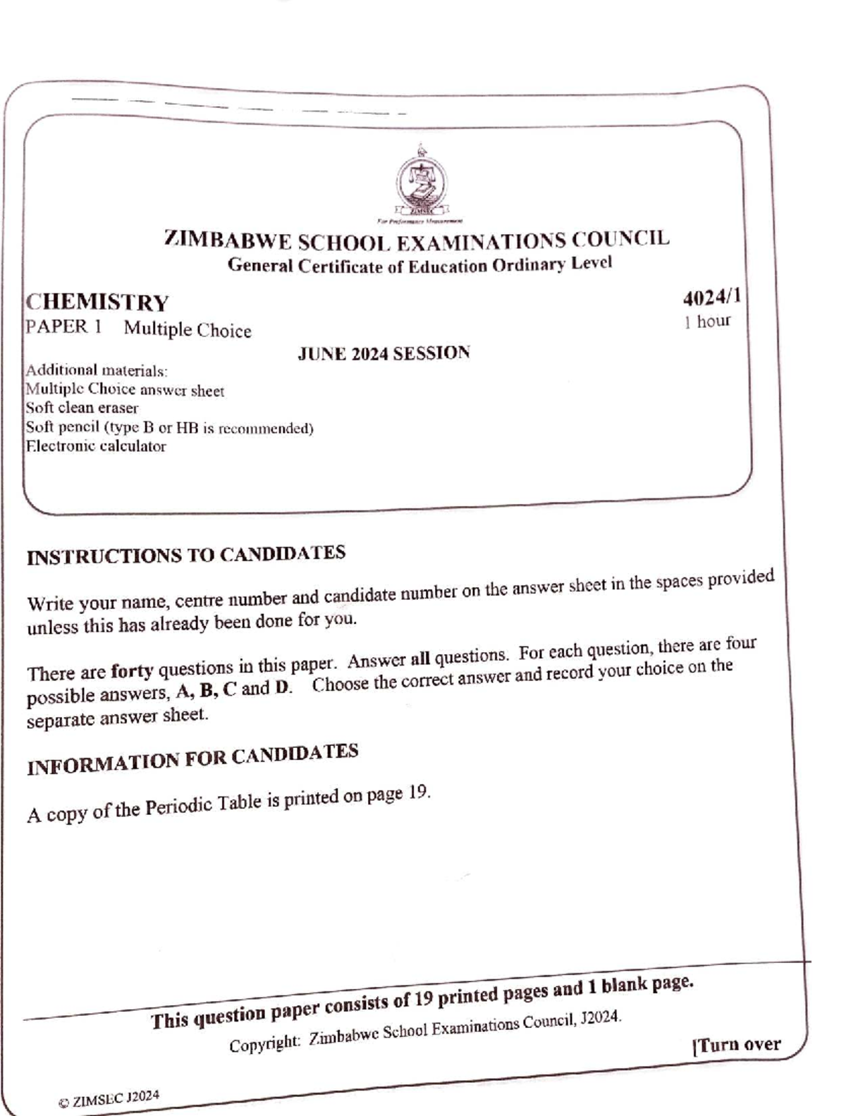 Chemistry Paper 1 Multiple Choice - ZIMSEC O Level June 2024 - Studocu