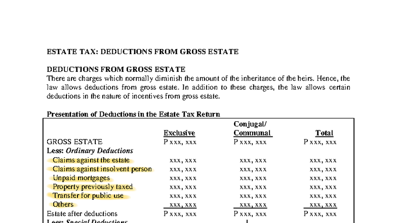 Chapter 14 - Lecture Notes on Estate Tax Deductions (ESTATE TAX) - Studocu
