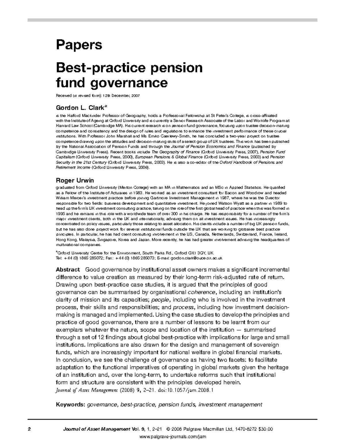 2. Urwin - Governance - Papers Best-practice pension fund governance ...