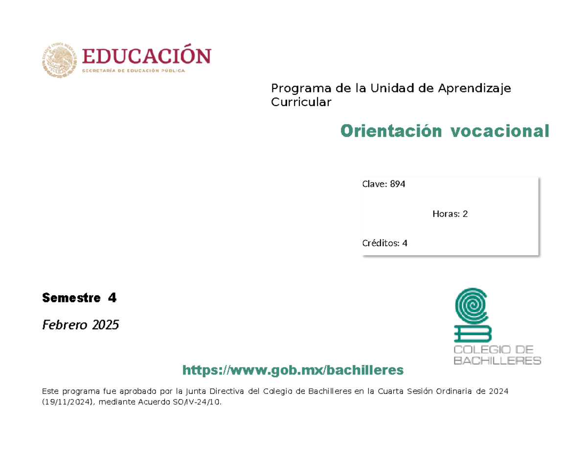 Orientación Vocacional 4tosem VFJD - Clave: 894 Horas: 2 Créditos: 4 ...