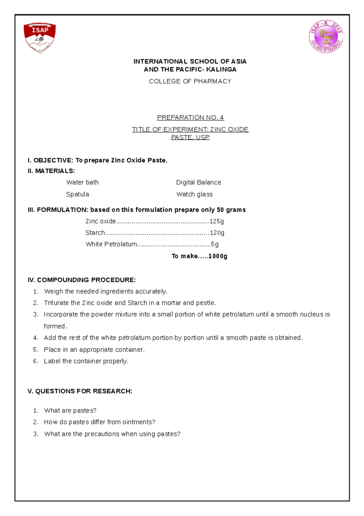 PREP 4 ZINC Oxide Paste Formulation - PHARCEN Lab Exercise - Studocu