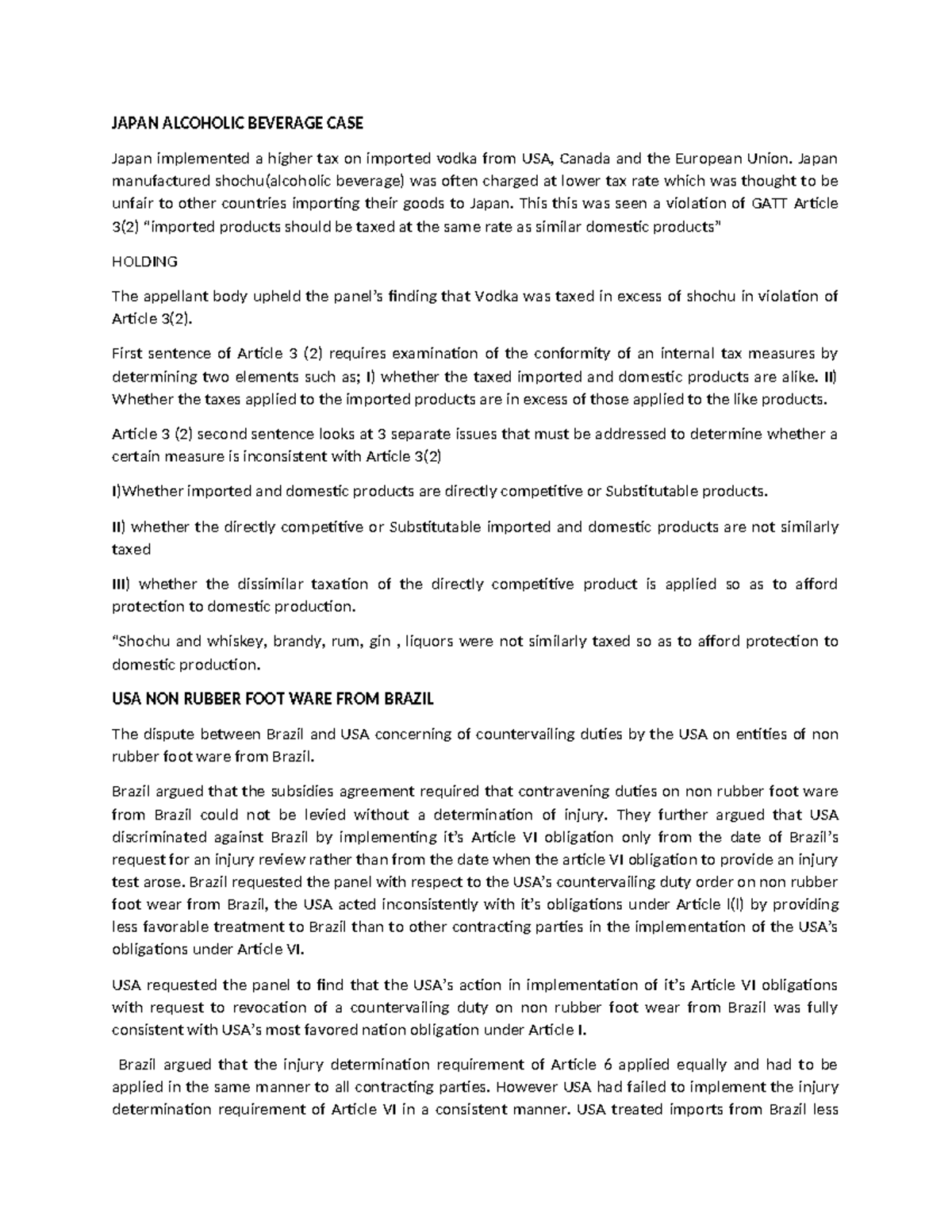 Intertrade Case Summaries: Japan Alcohol Tax & USA-Brazil Footwear ...