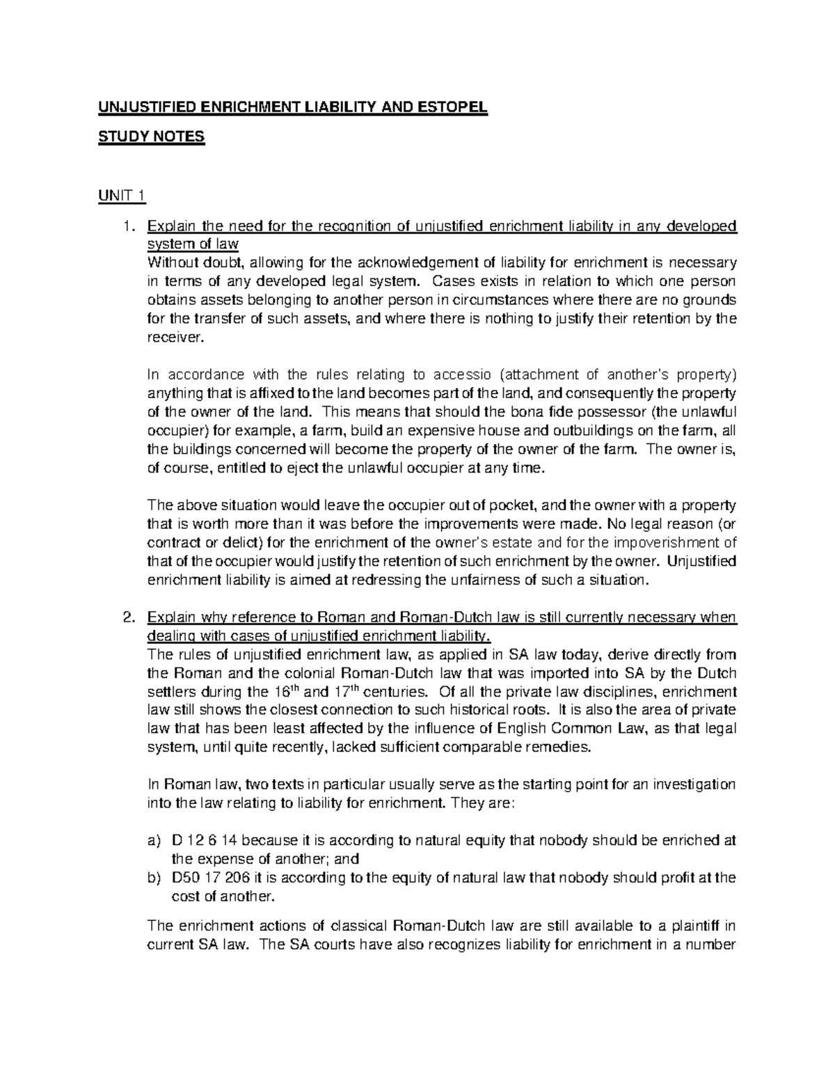 Unjustified Enrichment Liability AND Estopel. Study Notes - UNJUSTIFIED ...