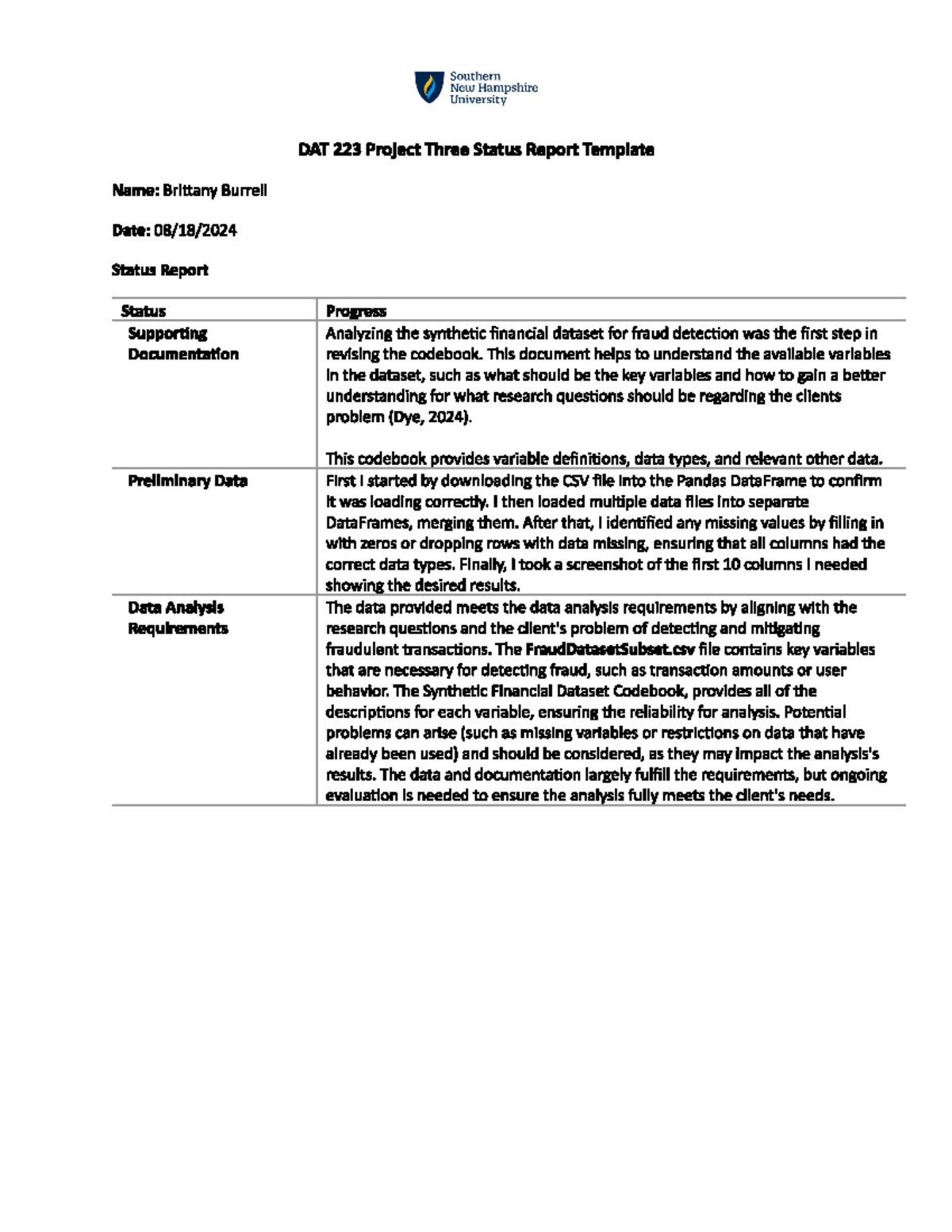 DAT 223 Project Three Status Report: Fraud Detection Analysis - Studocu